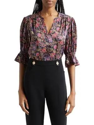 Cinq À Sept Paisley Print Split Neck Top - Black Multi