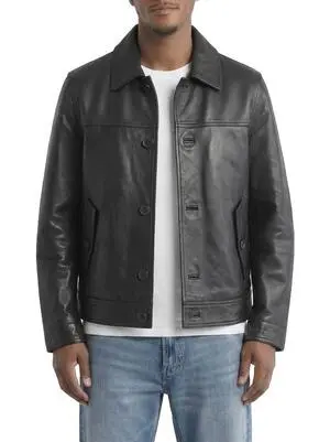 Bagatelle Genuine Leather Trucker Jacket With Spread Collar - Black