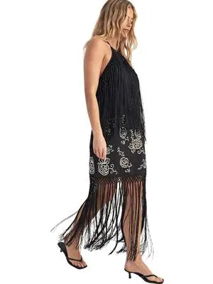 Nasty Gal High Neck Tasseled Embroidered Mini Dress - Black