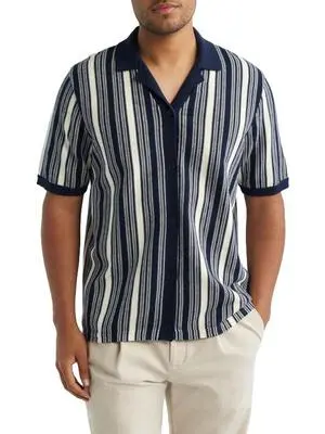 WAX LONDON Ivy Stripe Knit Camp Shirt - Navy/ecru