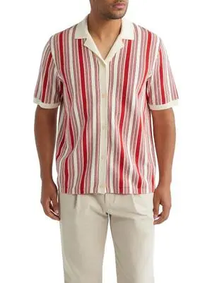 WAX LONDON Ivy Stripe Knit Camp Shirt - Rust/ecru