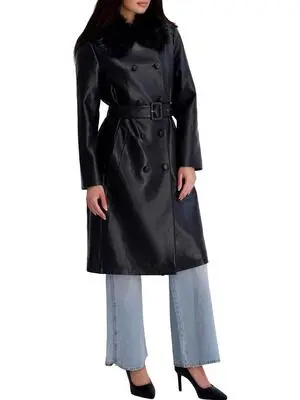 KENNETH COLE Faux Leather Trench Coat With Faux Fur Collar - Black