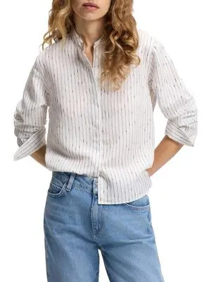 BOSS Bertyna Striped Mandarin Collar Cropped Shirt - White