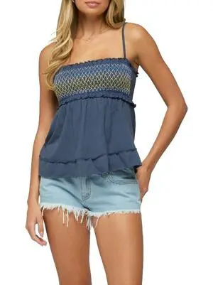 EDIKTED Smocked Tank Top With Ruffled Hem - Navy