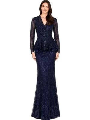 LARA NEW YORK Long Sleeve Beaded Peplum Gown - Navy
