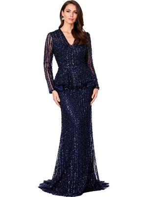 LARA NEW YORK Long Sleeve Beaded Peplum Gown - Navy