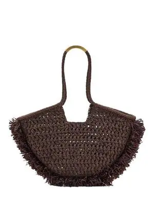 Mango Raffia Shoulder Bag With Fringe Detail - Chocolate