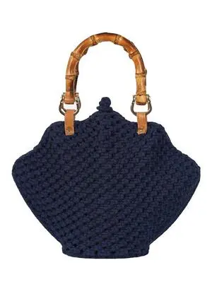 JELAVU Crochet Shell Bag With Bamboo Top Handles - Navy