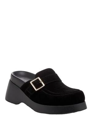 KELSI DAGGER BROOKLYN Suede Block Heel Clogs With Buckle Detail - Black