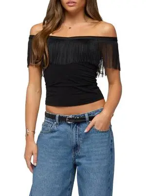 EDIKTED Catalina Fringe Off-the-shoulder Top - Black