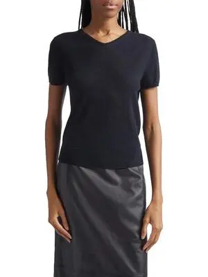Vince High V-neck Short Sleeve Wool Sweater - Black