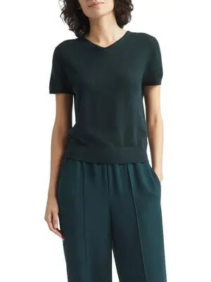 Vince High V-neck Short Sleeve Wool Sweater - Juniper