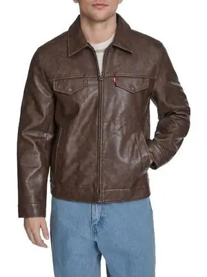 LEVI'S Faux Leather Trucker Jacket - Saddle