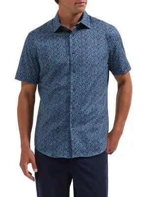 Bugatchi Miles Ooohcotton® Leaf Print Short Sleeve Button-up Shirt - Navy
