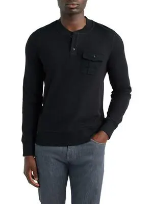 Brooks Brothers Waffle Stitch Stretch Cotton & Wool Henley - Black