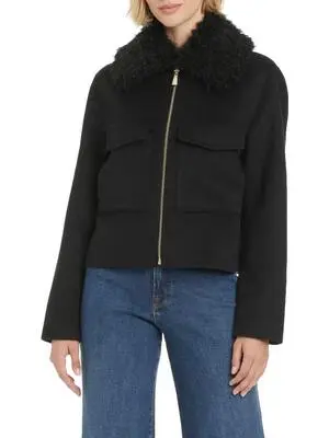 Kate Spade New York Wool Blend Jacket With Removable Faux Shearling Collar - Black