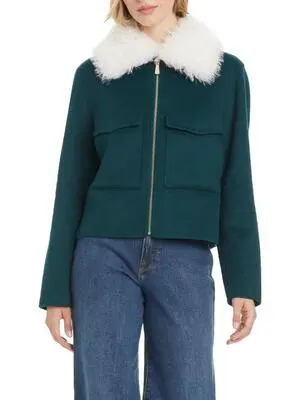 Kate Spade New York Wool Blend Jacket With Removable Faux Shearling Collar - Transformative Teal