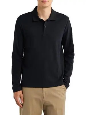 Vince Long Sleeve Peached Cotton Jersey Polo - Black