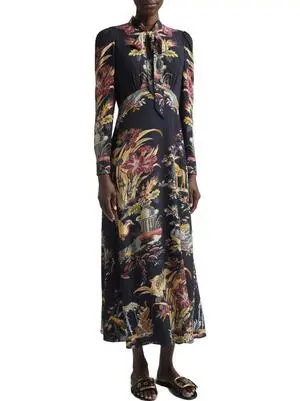 Etro Placed Flower & Animal Print Tie Neck Long Sleeve Dress - Black