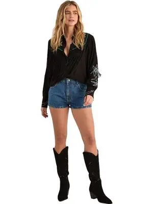 Nasty Gal Embroidered Fringe Western Shirt - Black