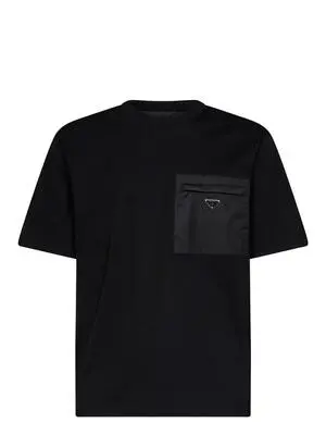 Prada Abbigliamento Black Jersey And Re-nylon Crewneck T-shirt - Multicolor