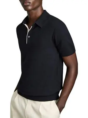 REISS Finch Short Sleeve Linen & Cotton Polo Sweater - Navy