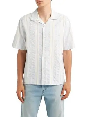 WAX LONDON Didicot Stripe Cotton Seersucker Camp Shirt - Ecru/light Blue