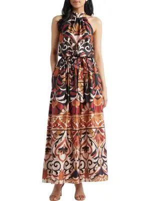 Julia Jordan Floral Print Stretch Satin Maxi Dress - Rust Multi