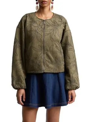 Bagatelle Leaf Embroidery Faux Suede Jacket - Fern