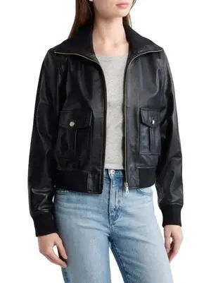Bernardo Short Leather Bomber Jacket With Ribbed Trim - Black