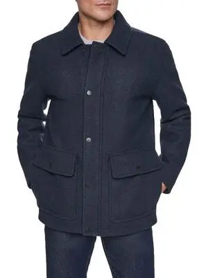 Cole Haan Insulated Flannel Wool Jacket With Faux-leather Collar Detail - Navy