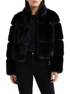 Bcbgmaxazria Faux Fur Cropped Jacket With Mandarin Collar - Black