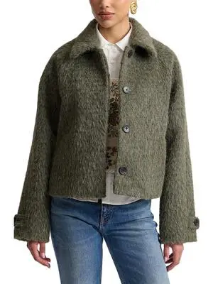 Avec Les Filles Cropped Woolly Jacket With Spread Collar - Basil