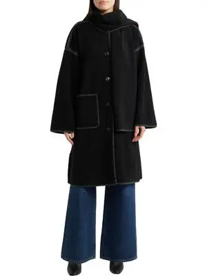 Bcbgmaxazria Embroidered Bouclé Coat With Scarf - Black