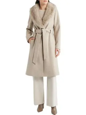 Bcbgmaxazria Belted Wrap Coat With Faux Fur Collar - Oatmeal