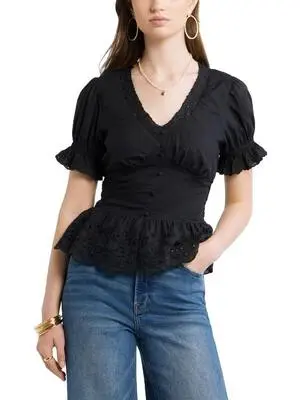Treasure & Bond Cutwork Peplum Top - Black