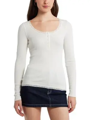 Bp. Lace Trim Cotton Blend Rib Henley - Ivory