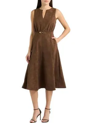 EN SAISON Eloise Belted Faux Suede Midi Dress - Brown