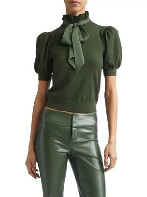 Alice + Olivia Chase Puff Sleeve Stretch Wool Sweater - Dark Fern