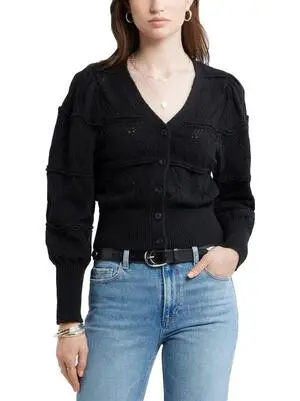 Treasure & Bond Pointelle Knit Cotton Cardigan With Balloon Sleeves - Black