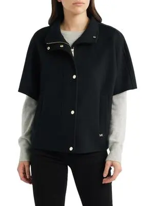 Michael Kors Double Face Wool Blend Cape With Zip Closure - Black