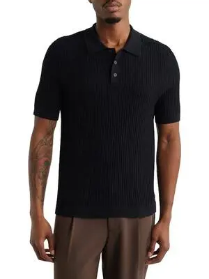OPEN EDIT Textured Short Sleeve Polo Sweater - Black