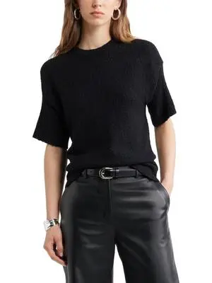 Nordstrom Short Sleeve Stretch Wool Blend Bouclé Sweater - Black