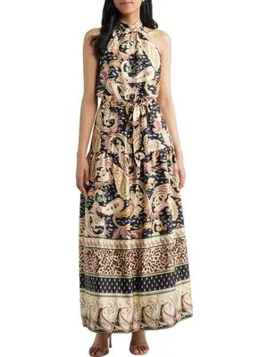 JULIA JORDAN Julia Jordan Paisley Print Stretch Satin Maxi Dress
