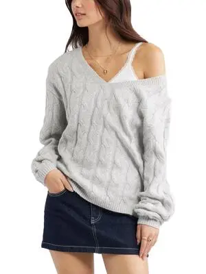 Bp. BP. Cable Knit V-Neck Cotton Blend Sweater Grey Light Heather