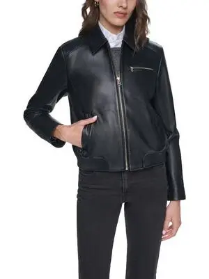 Cole Haan Genuine Leather Bomber Jacket - Black