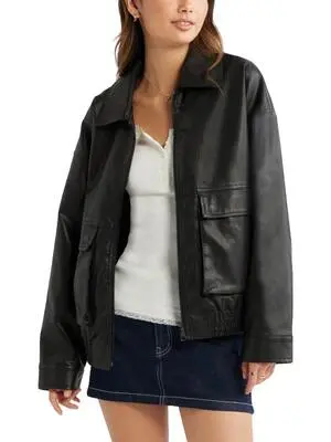 Bp. Relaxed Faux Leather Jacket With Spread Collar And Drop Shoulder - Black