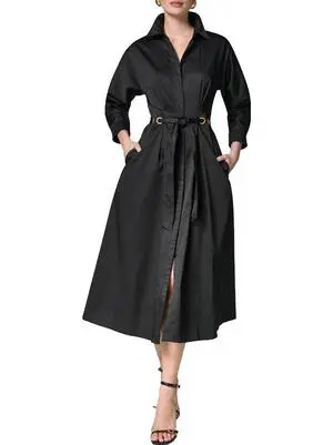 Donna Karan New York Drawstring Waist Stretch Cotton Midi Shirtdress - Black