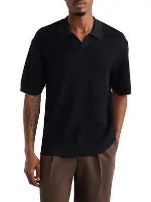 OPEN EDIT Diagonal Stitch Short Sleeve Polo Sweater - Black