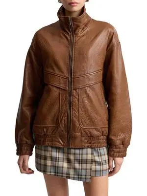 Avec Les Filles Oversized Leather Bomber Jacket - Cognac